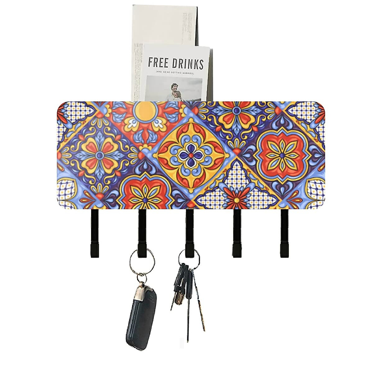 MCHIVER Mexican Talavera Ceramic Tile Pattern Key Holder for Wall Decorative Mail Organizer Holders Wall Mounted Key Hangers with 5 Hooks Mounting Hardware Key Rack for Office Entryway Door