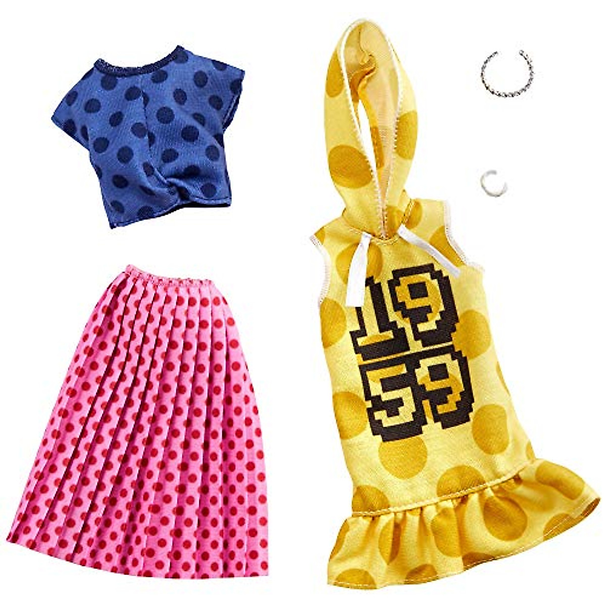 Barbie Clothes -2 Outfits for Barbie Doll Feature Polka Dots on a Yellow Hoodie Dress, a Blue Top and Pink Skirt, Plus 2 Accessories, Gift for 3 to 8 Year Olds