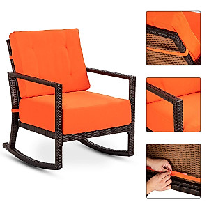 Tangkula (Orange) Rocker, Outdoor Patio Rattan Wicker Rocking Armchair Chair Furniture W/Cushion