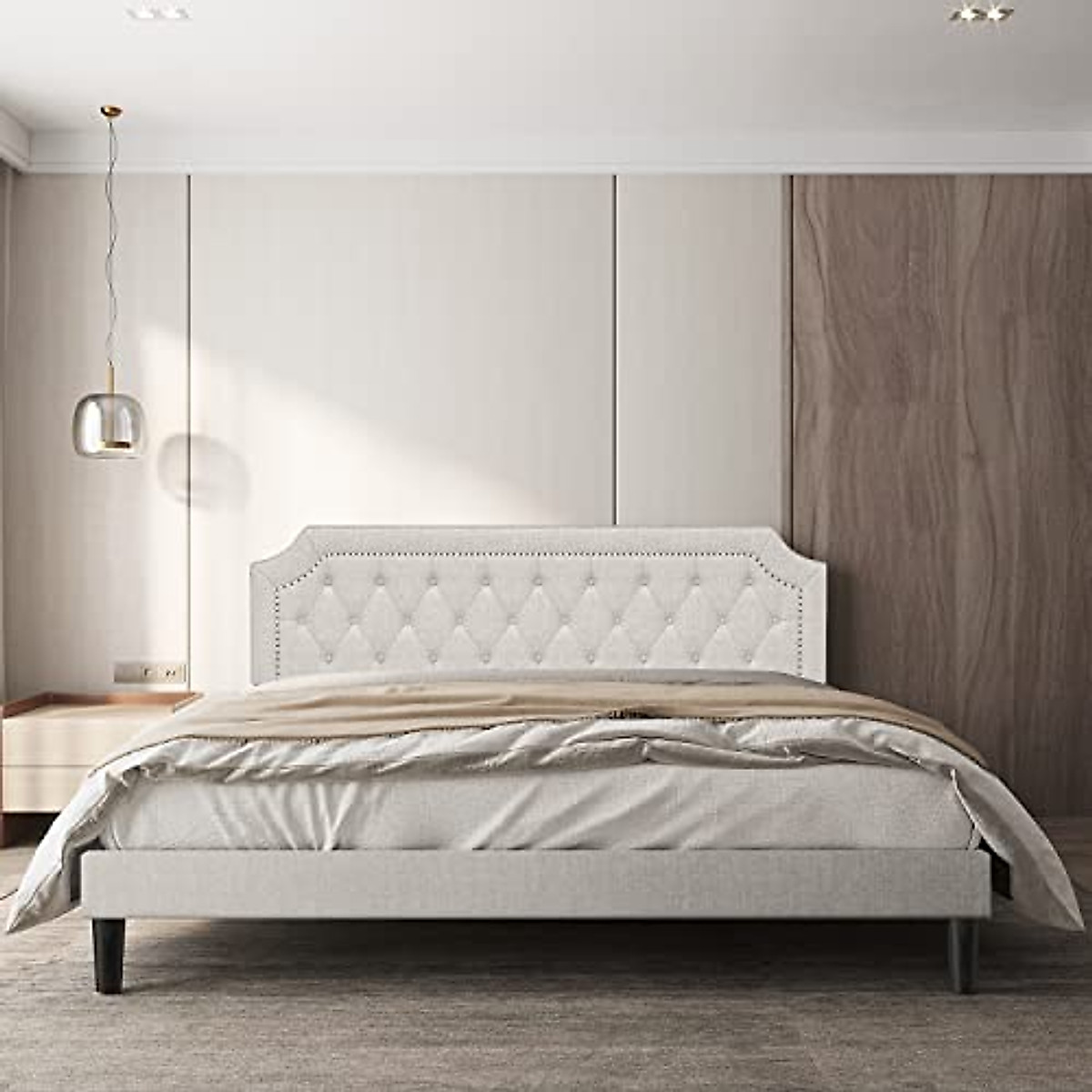BONSOIR King Size Bed Frame Upholstered Low Profile Traditional Platform with Tufted and Nail HeadboardLinen Fabric Upholstery Color of Sand (Sand, King Size)