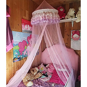 HAPPYGRILL Bed Canopy Mosquito Net Princess Fairy Net with Elegant Ruffle Lace for Girls and Baby (Pink)