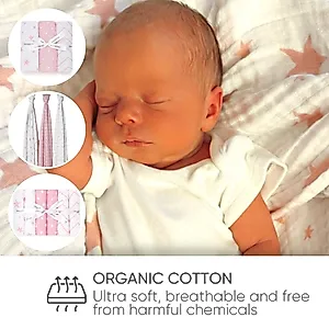 Bloomsbury Mill – Swaddle Blanket - Muslin Swaddle Blankets for Baby Girls and Boys - 100% Organic Cotton Baby Swaddles 3 Pack - Pink and White – 47” x 47”