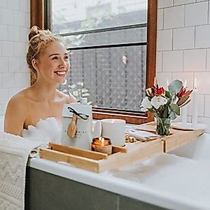 Bamboo Bathtub Caddy Tray for Tub- Expandable Bath Tray - Adjustable Organizer Tray for Bathroom for Luxury Spa - Book Holder, Tablet Smartphone and Wine Holder (Natural) by Pristine Bamboo