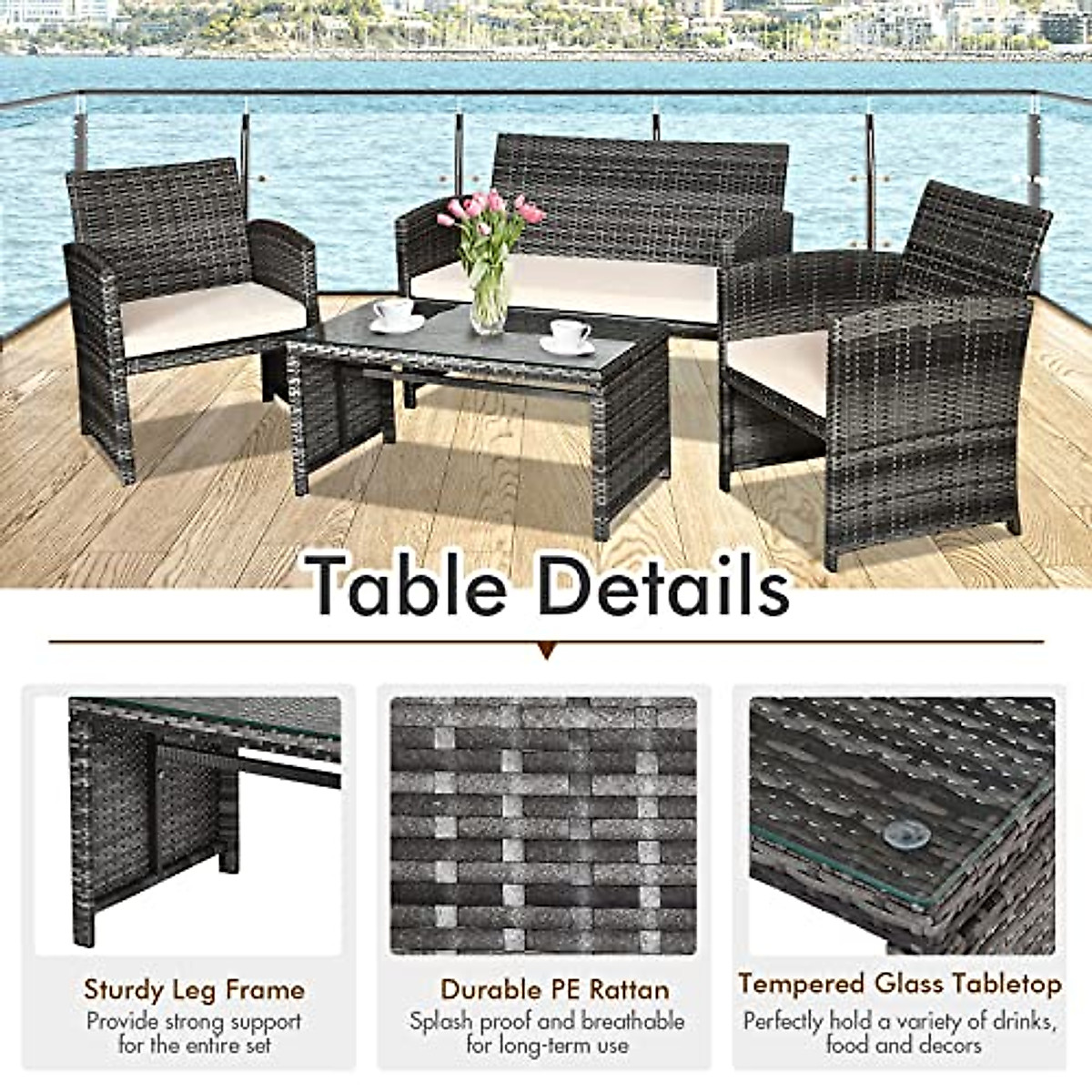 RELAX4LIFE 4-Piece Wicker Furniture Set - Hand-Woven PE Conversation Set with Cushions and Tempered Glass Coffee Table, Outdoor Rattan Sofas for Garden, Poolside, Backyard (White)