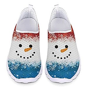 Bulopur Christmas Snowman Women Trainers Running Shoes, White Snowflake Lightweight Sports Shoe, Red Blue Ladies Breathable Spring/Autumn Gym Walking Sneakers