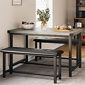 IDEALHOUSE Dining Table Set for 4, Kitchen Table with Benches, Rectangular Dining Room Table Set with 2 Upholstered Benches, 3 Piece Dining Table Set for Small Space, Apartment, Studio, Retro Gray
