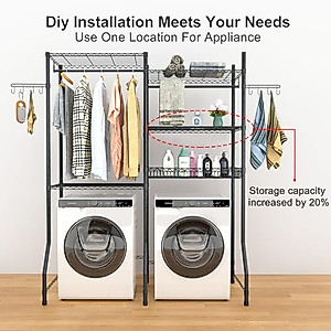 5-Tier Laundry Room Storage Shelf, Space-Saving Metal Clothes Drying Rack with Adjustable Shelves, Bathroom Towel Rack, Wire Basket, and Rotatable Hooks -Ideal for Over Washer and Dryer Organization