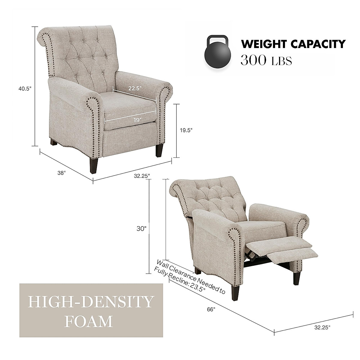 Madison Park Aidan Recliner Chair - Solid Wood, Plywood, Roled Back Button Tufted Accent Armchair Modern Classic Style Family Room Sofa Furniture, Cream