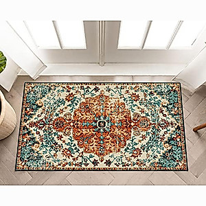Wonnitar Boho Bathroom Rug,Washable Rug 2x3 Small Bath Rug,Vintage Distressed Throw Mat for Bedroom,Non-Slip Entryway Door Mat Low-Pile Floor Carpet for Kitchen Laundry Bedside,Orange