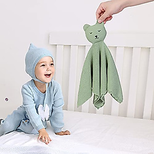 Hadetoto Baby Security Blanket Bear Newborn Babe Lovey Snuggly Adorable Cozy Cotton Baby Knit Blankets for Unisex Infants Boys and Girls Gifts, Light Green