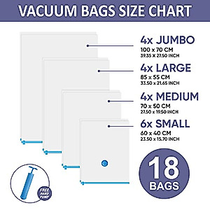 18 Space Saver Vacuum Storage Bags, Vacuum Sealed Storage Bags (4 Jumbo/4 Large/4 Medium/6 Small) with Hand Pump, Vacuum Seal Bags for Clothing, Comforters, Pillows, Towel, Blanket Storage, Bedding