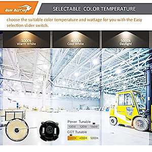 Run Bison LED High Bay Light with Adjustable Power 100w/120w/150w, 15000lm/18000lm/22500lm. 3CCT 3000K/4000K/5000K,0-10V Dimmable UFO High Bay Light with Preinstalled Hook (4PK)