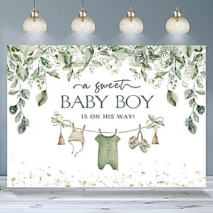 Rsuuinu Baby Shower Backdrop for Boys Greenery A Sweet Baby Boy is On The Way Photography Background Newborn Kids Boy Green Leaves Baby Shower Party Decorations Banner Supplies Photo Booth Props 7x5ft
