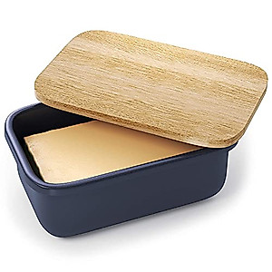 Farmhouse Butter Dish with Lid for Countertop - Butter Stick Holder Container with Freshness Seal - Bamboo Lid Cutting Board Butter Keeper - Butter Crock for Counter - Covered Butter Dish - Gray -23oz