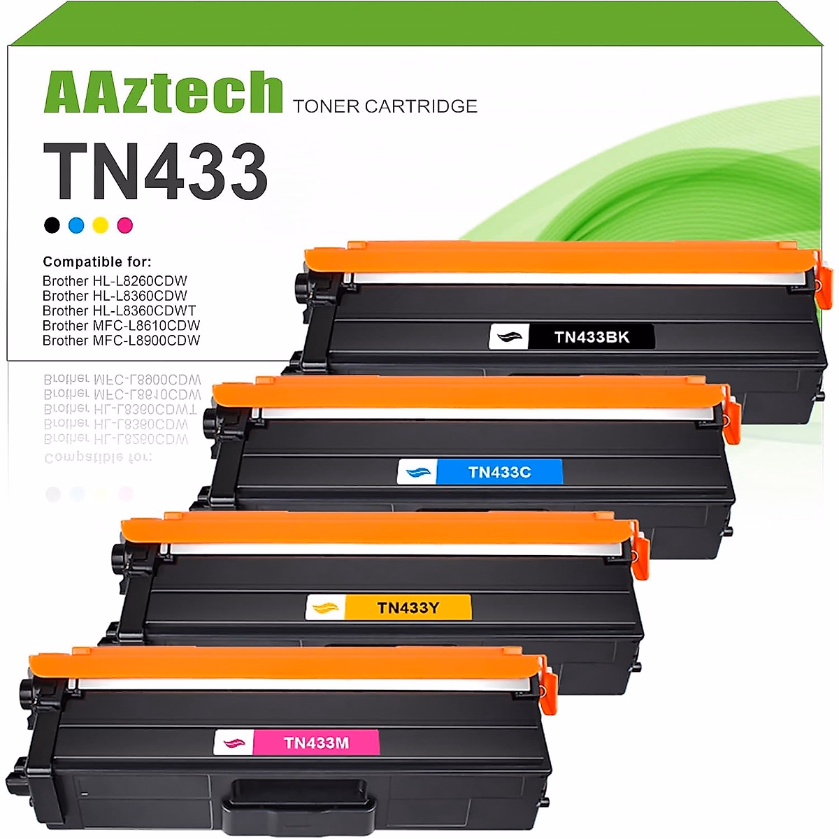 A Aztech Compatible TN433 Toner Cartridge Replacement for Brother TN433 TN-433 TN433BK TN431 MFC-L8900CDW HL-L8360CDW HL-L8260CDW MFC-L8610CDW HL-L8360CDWT Printer (Black Cyan Yellow Magenta 4-Pack)
