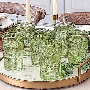 Vintage Textured Sage Green Striped Drinking Glasses Set of 6-13 oz Ribbed Glassware with Flower Design| Cocktail Set, Juice Glass, Water Tumbler