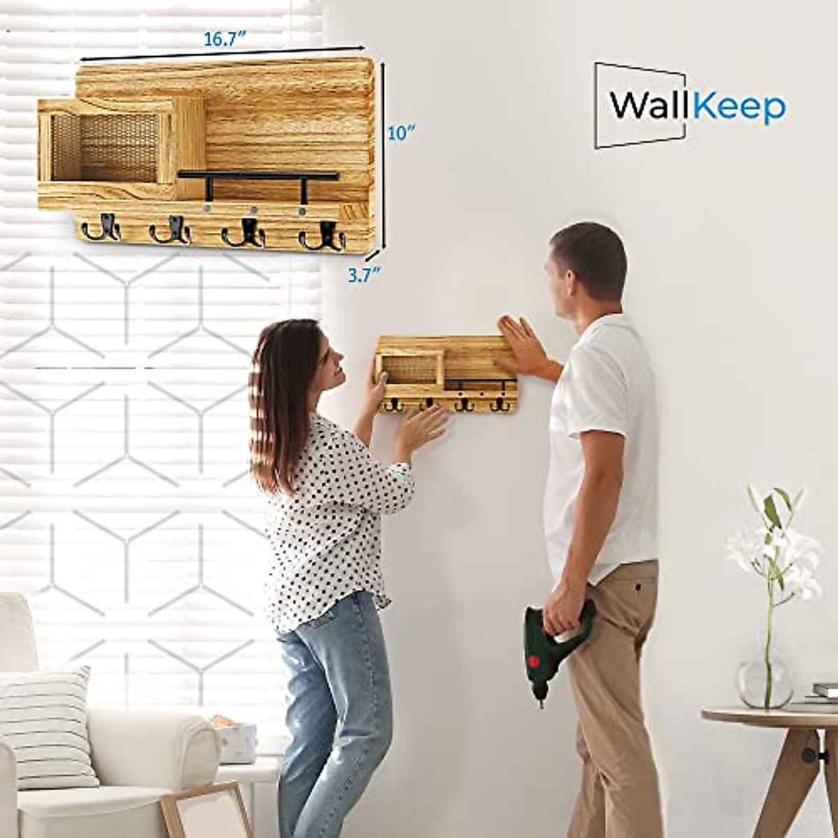 WallKeep Mail and Key Holder for Wall with Decorative Key Hooks - Wall Mount in Entryway, Mudroom or Office. Solid Wood Mail Organizer Floating Shelf Key Rack, Leash Holder and Key Hanger for Wall.