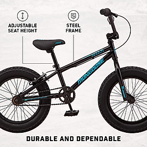 Mongoose Argus MX Kids Fat Tire Mountain Bike, 16-Inch Wheels, 3-Inch Wide Tires, High-Ten Steel Frame, Single Speed, Black