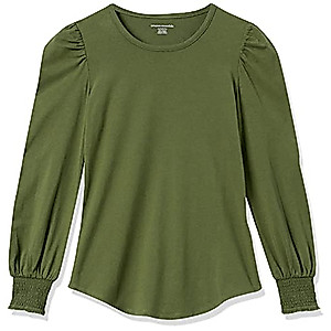 Amazon Essentials Women's Long-Sleeve Crewneck Smocked Cuff T-Shirt, Olive, Medium