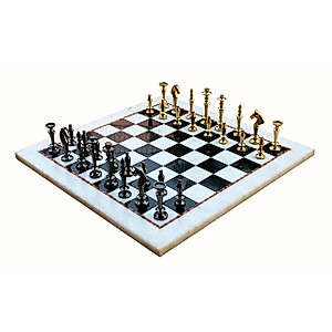 StonKraft Collectible White & Black Marble Chess Board Set + Brass Chess Pieces Pawns - Decorative Stone Chess - Home Décor - 15" Inches