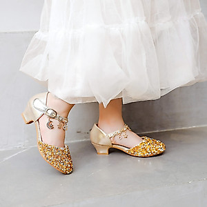 Furdeour Girls Sandals Gold Size 2 High Heels Party Little Kid Flower Big Kid Girl Princess Wedding Prom(2902Gold 2)