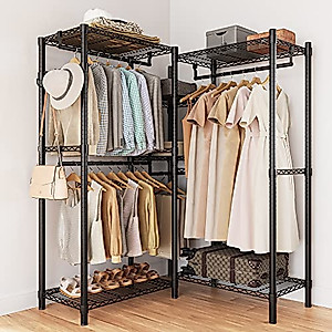 Garment Rack Portable Closet Wardrobe Heavy Duty Clothes Rack with Adjustable Shelves, Hanging Rods, Side Hooks for Hanging Clothes, Max Load 900LBS, Freestanding & L-shaped Closet (Black-0.75in Dia.)