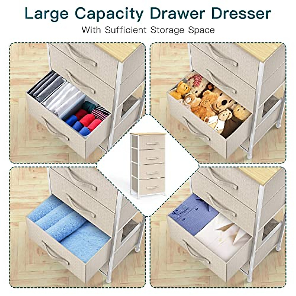 Pipishell Dresser with 4 Drawers, Tall Storage Tower with Sturdy Steel Frame Wood Top，Fabric Dresser Organizer Unit for Bedroom, Hallway, Entryway, Closets, Nursery Room