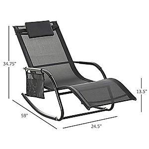 Outsunny Outdoor Rocking Chair with Breathable Mesh Fabric, Patio Porch Chair with Side Pocket, Sun Lounge Chair with Detachable Pillow for Deck, Garden, or Pool, Black