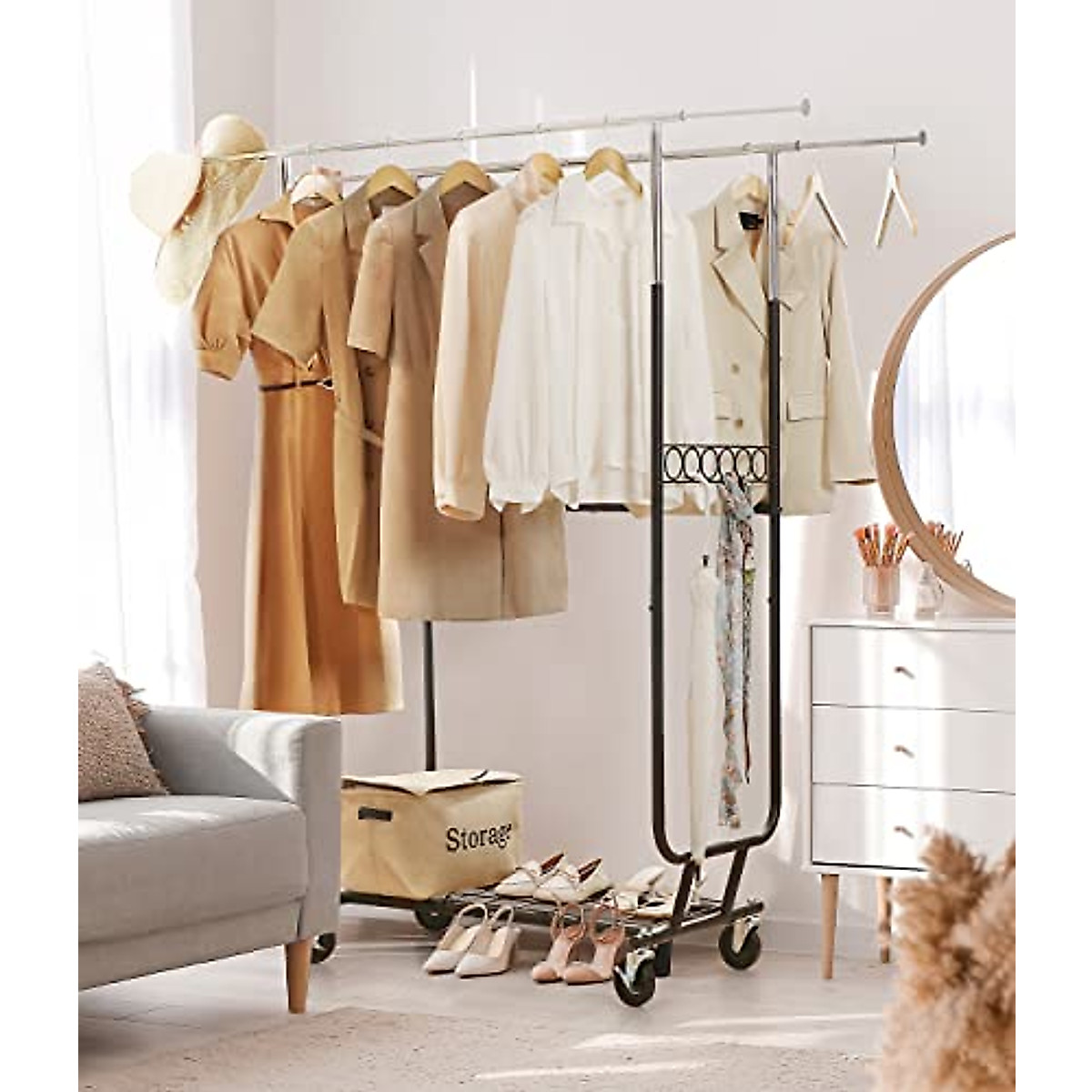 LIFEFAIR 500 lbs Capacity Heavy Duty Clothing Rack, Garment Rack for Hanging Clothes Freestanding on Wheels Collapsible Portable Rolling Clothes Rack for Bedroom Living Room