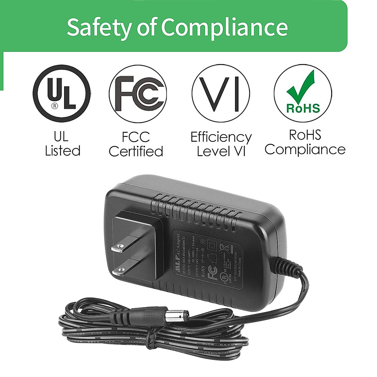 AC to DC 24V 2A Power Supply Adapter, Plug 5.5mm x 2.1mm UL Listed FCC