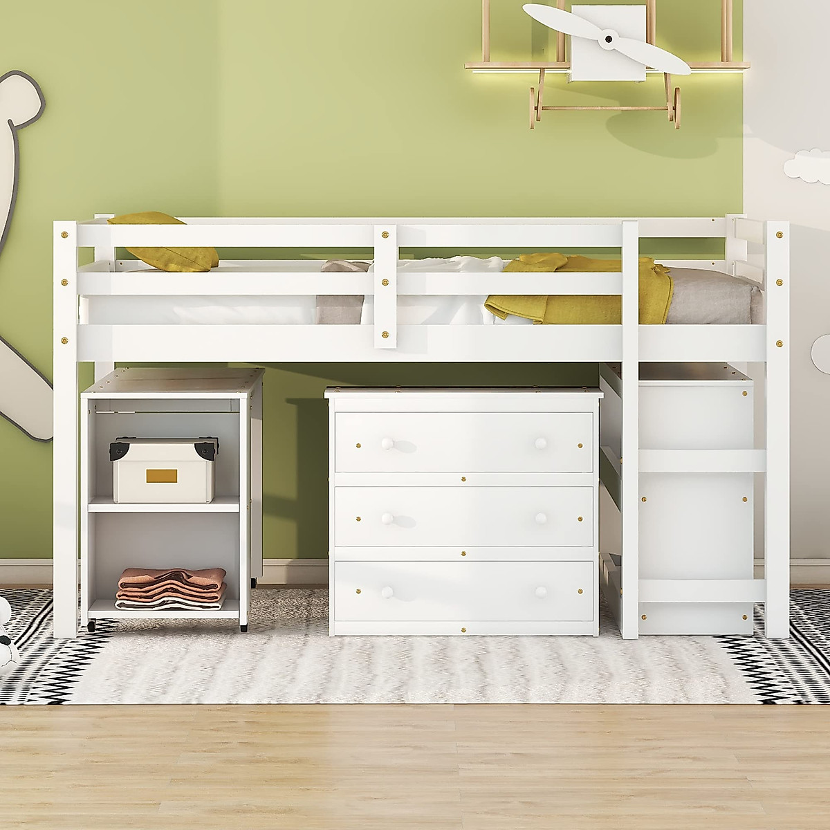 Low Full Loft Bed with Desk and Dresser Wood Kids Loft Beds Frame with Cabinet & Storage Shelves & Rolling Portable Desk for Juniors, Teen, Boys, Girls, Full Size,White