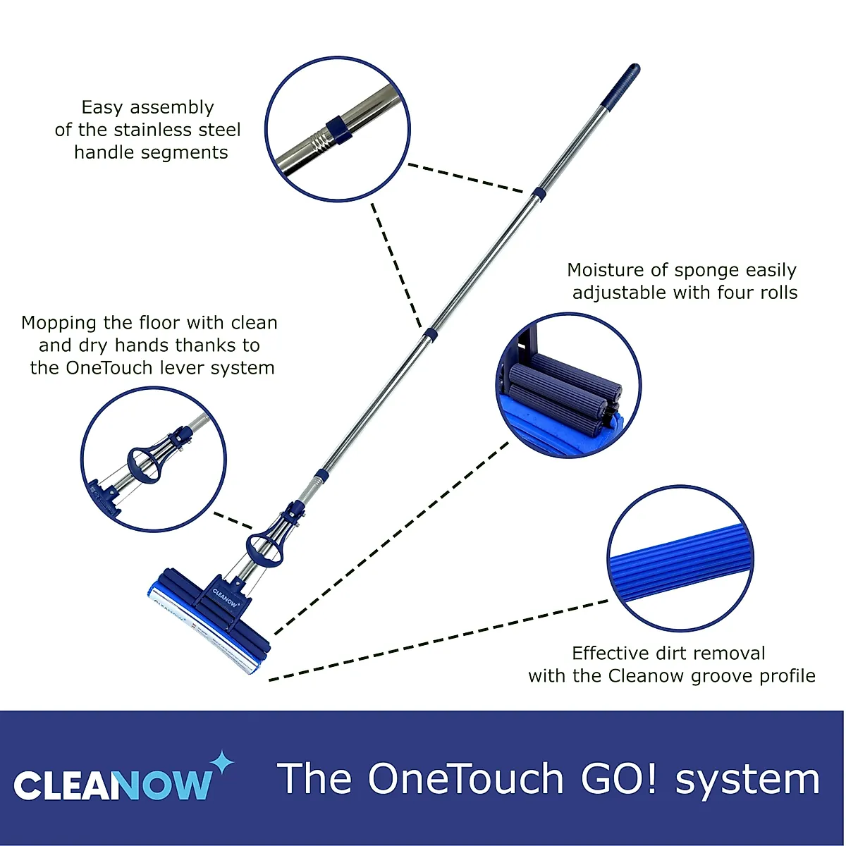 Cleanow OneTouch GO! Floor Cleaner - Floor Mop with Wringing Function - Sponge Mop for Cleaning Floors - PVA Sponge and Stainless Steel Handle