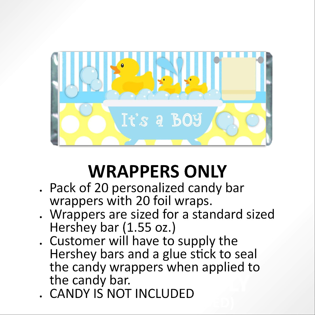 Rubber Duck Baby Shower Party Favors, Personalized Candy Bar Wrappers, Pack of 20 Custom Chocolate Bar Labels