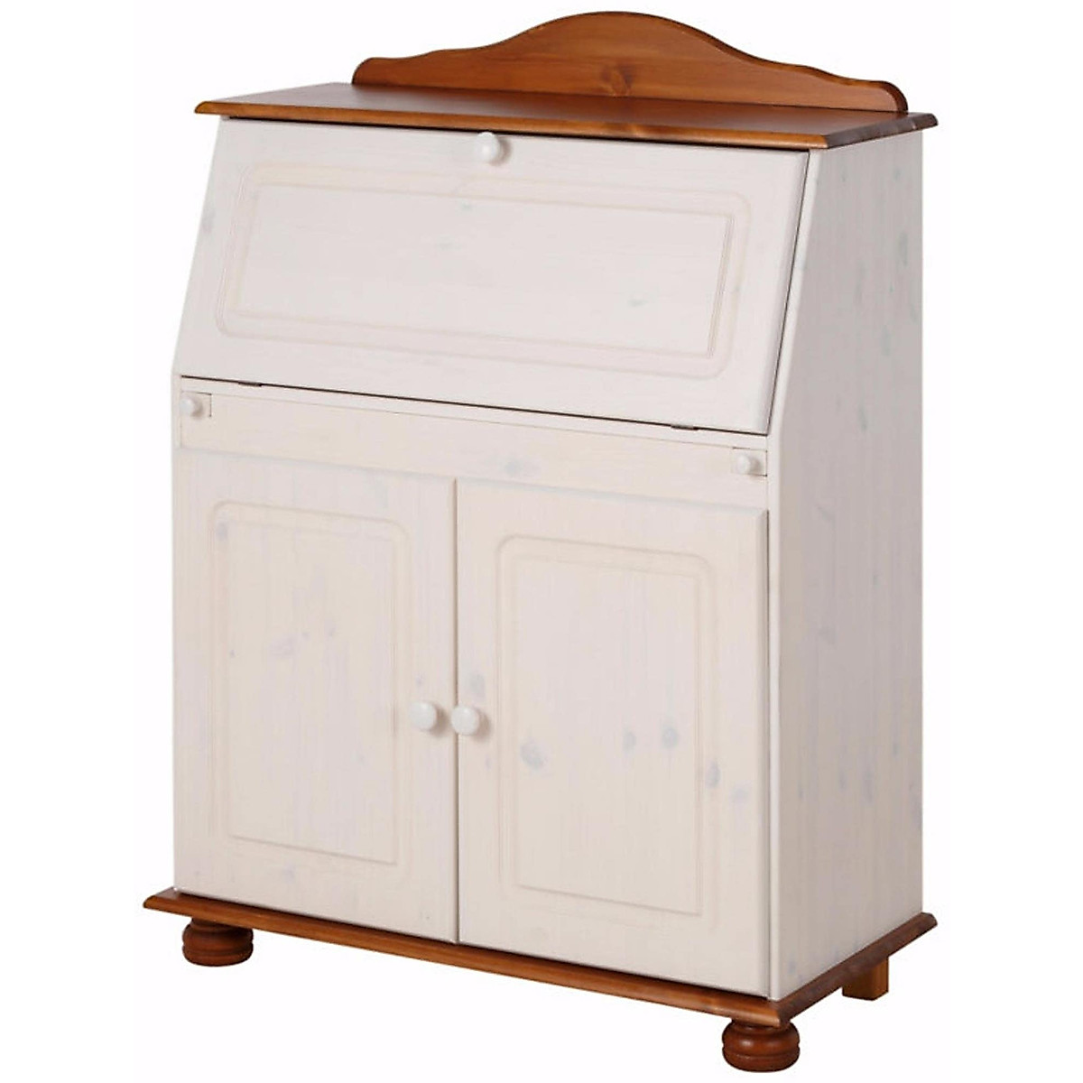 REALROOMS Chester Solid Wood Storage Desk with Bottom Closed Storage Cabinet, White and Honey
