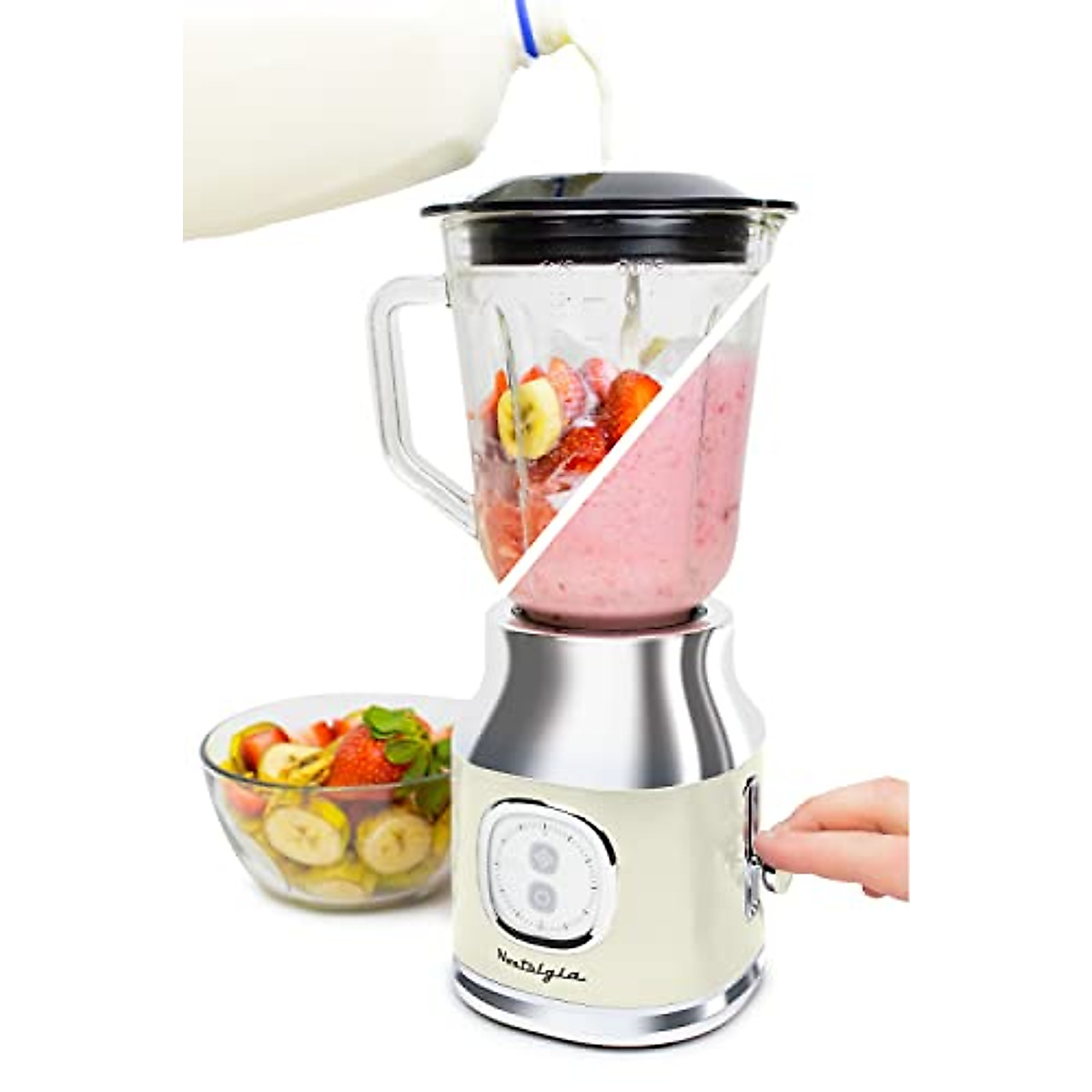 Classic Retro Electric Pulse Blender, 1 Liter Glass Pitcher, Includes Tritan Personal Travel Bottle With Lid And Storage Container, High Power 300 Watts Crushes And Pulverizes Ice Cubes