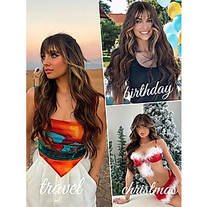 AISI QUEENS Brown Wig with Bangs for Women Long Wavy Hair Wig Brown Highlight Wig Curly Wavy Synthetic Wigs for Girls Daily Party Use