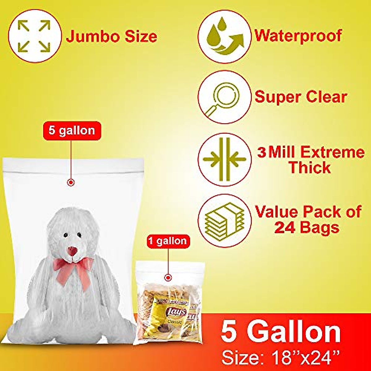 [ 24 COUNT ] - 3 MILL - 18"x24" - Extra Large Super Big Bags, Zipper - 3 MILL - Jumbo Big Plastic Bags, Clear 5 Gallon Bags,- 24 Count