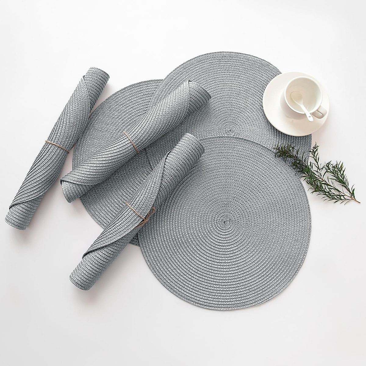 Round Woven Placemats Set of 12, 15 Inch Gray Placemats, Washable Circle Place Mats for Dining Tables Non-Slip Table Mats