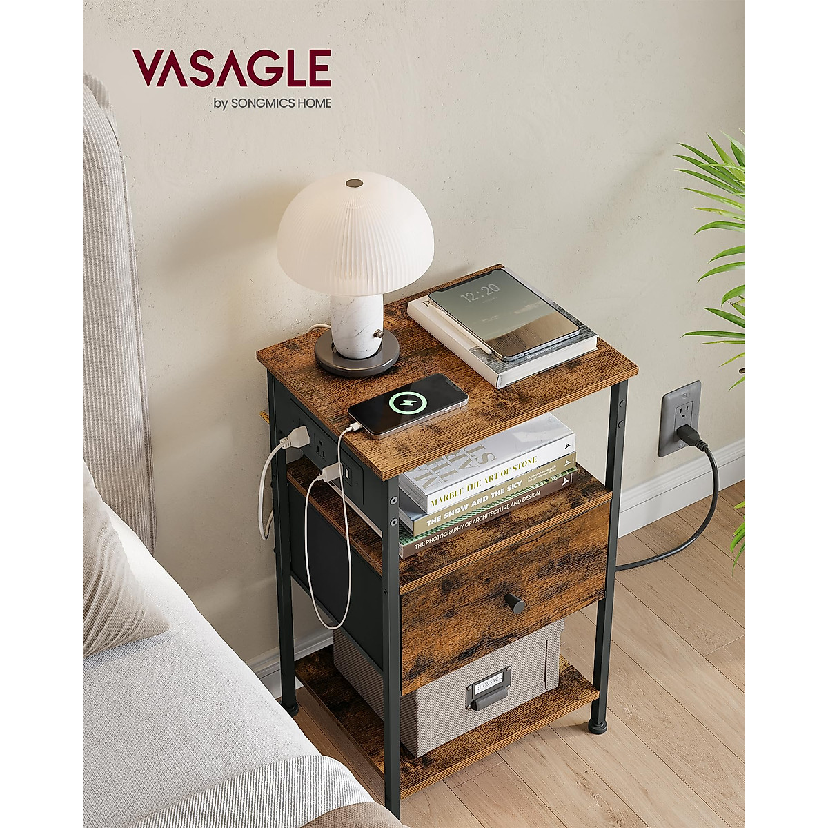 VASAGLE Nightstand with Charging Station, Night Stand, Side Table with 1 Drawer and 2 Open Shelves, Fabric Drawers with MDF Front, End Table, Rustic Brown and Classic Black ULGS026K01