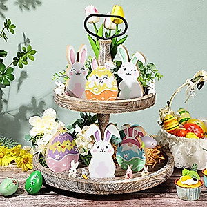 6 Pcs Easter Bunny Table Wooden Signs Centerpieces Easter Spring Tiered Tray Decorations Rabbit Bunny Shape Tabletop Decor with 3 Meter Jute Rope for Farmhouse Home Office (Bunny, Egg)