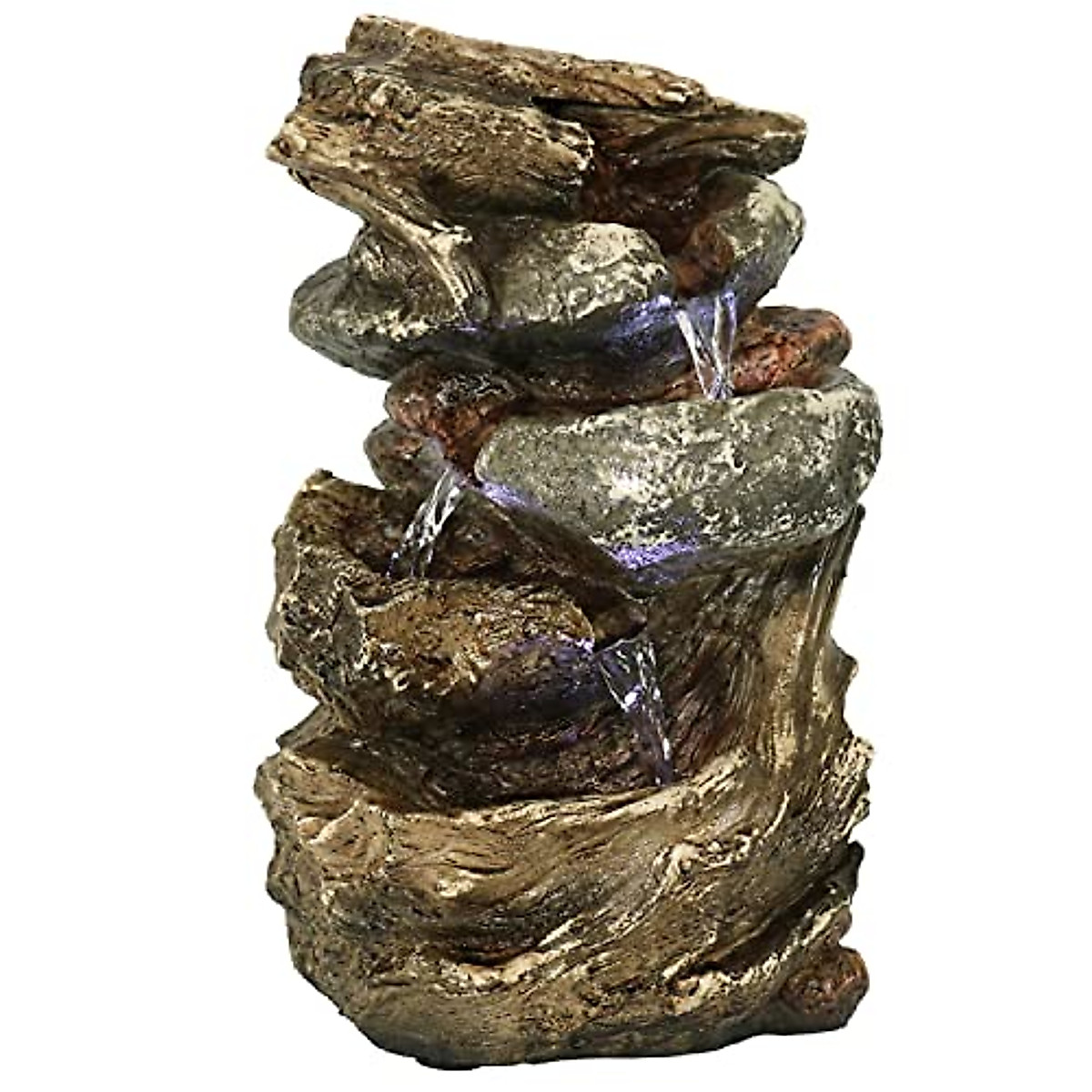Sunnydaze Indoor Electric Tabletop Fountain with LED Lights - Decorative Tiered Rock and Log Waterfall Design - Quiet and Soothing Water Sound - Small 10.5 Inch Desktop Size