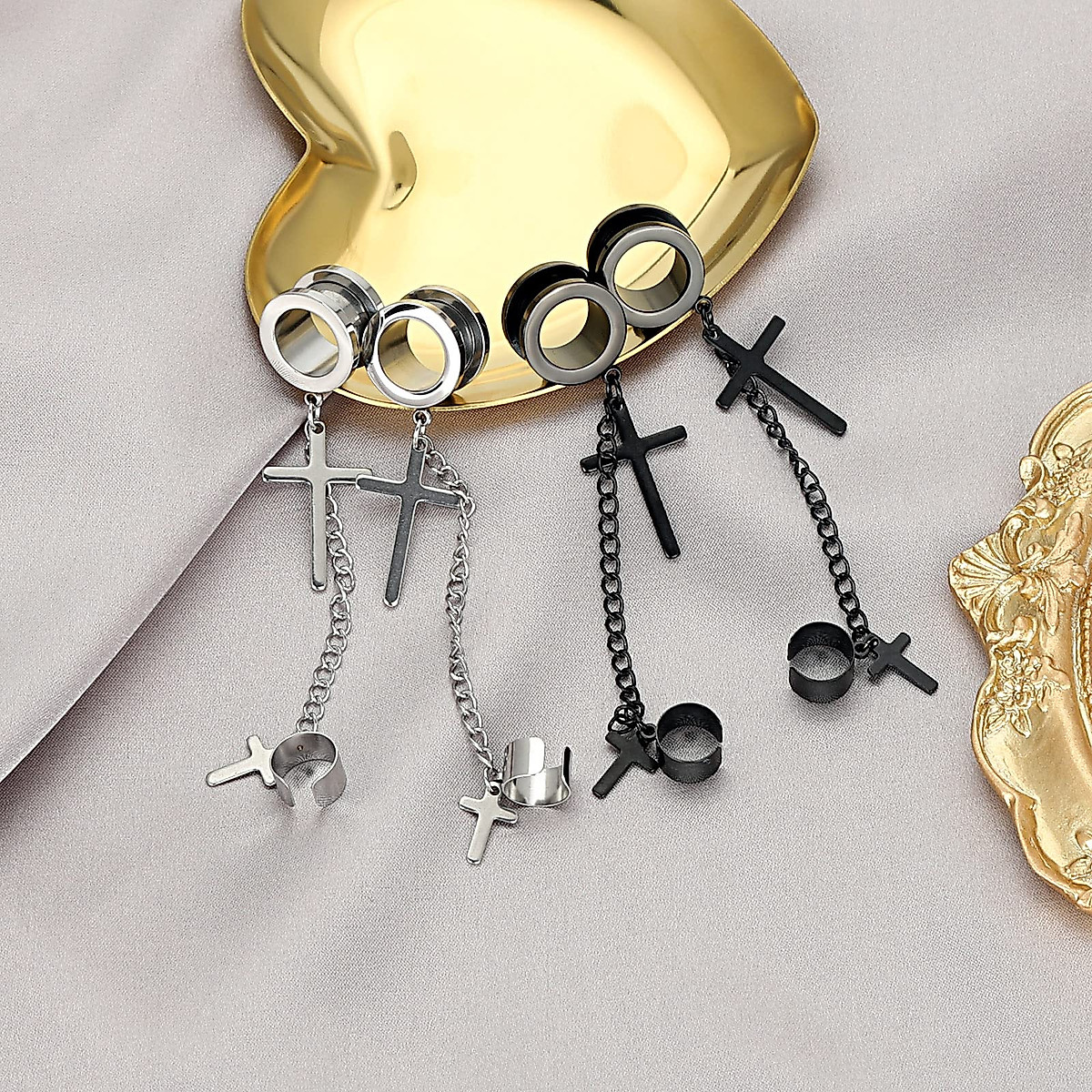 Longbeauty 2 Pairs Surgical Steel Dangle Cross Ear Tunnels Fashion Ear Gauges Plugs Expander Stretchers Piercings Black & Silver 1/2"