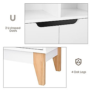 FOTOSOK Modern Bookcase with Doors, 3-Tier Tall Bookshelf Storage Cabinet with 6 Cubes and 4 Pine Legs, Freestanding Standard Display Book Shelves for Living Room Bathroom Home Office, White