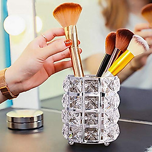 Tasybox Crystal Makeup Brush Holder Organizer, Handcrafted Cosmetics Brushes Cup Storage Solution (Silver)