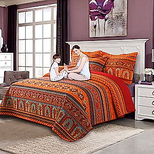 VAPUTAR Cotton Quilt Queen Size Bedding Set - 3 Pieces Queen Quilt Bedding Set, Boho Queen Size Quilts, Lightweight Reversible Coverlets Bedspreads for Farmhouse Bedroom (Red/Orange)