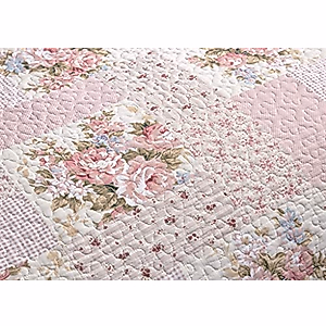 Chezmoi Collection Rosy 3-Piece Printed Patchwork Cotton Quilt Set - Pink Flower Floral Striped Polka Dots - Stone Washed Lightweight Bedspread, Queen Size
