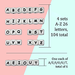 Melius 110Pcs Silicone Letter Beads 12mm A-Z (Extra for Vowel Letter) Even and Accurate Square Letters Beads for Bracelet Stethers Key Chains Necklace Lanyards (White)