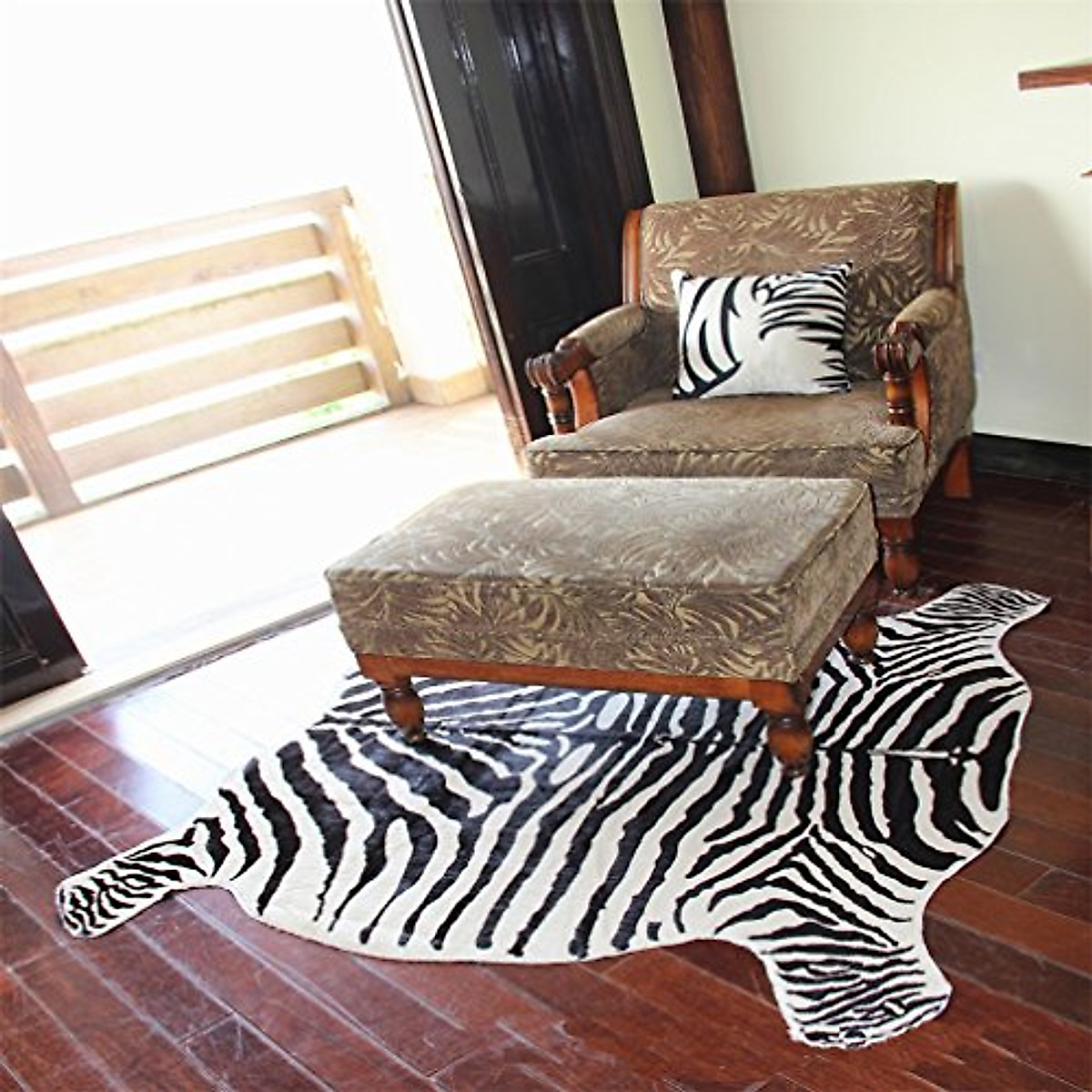 Zebra Print Rug Faux Animal Printed Skin Area Rug Carpets for Home,Living Room, Office ，Yellowish Cream Color (4.9x4.6 Feet)