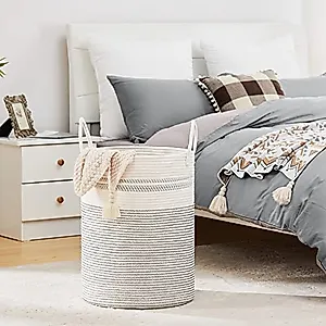 72L Large Woven Rope Laundry Hamper by Fiona's magic, Tall Laundry Basket Storage, Baby Nursery Hamper for Blankets, Toys and Clothes Hamper for Bedroom and Living Room Organizing, Jute, White