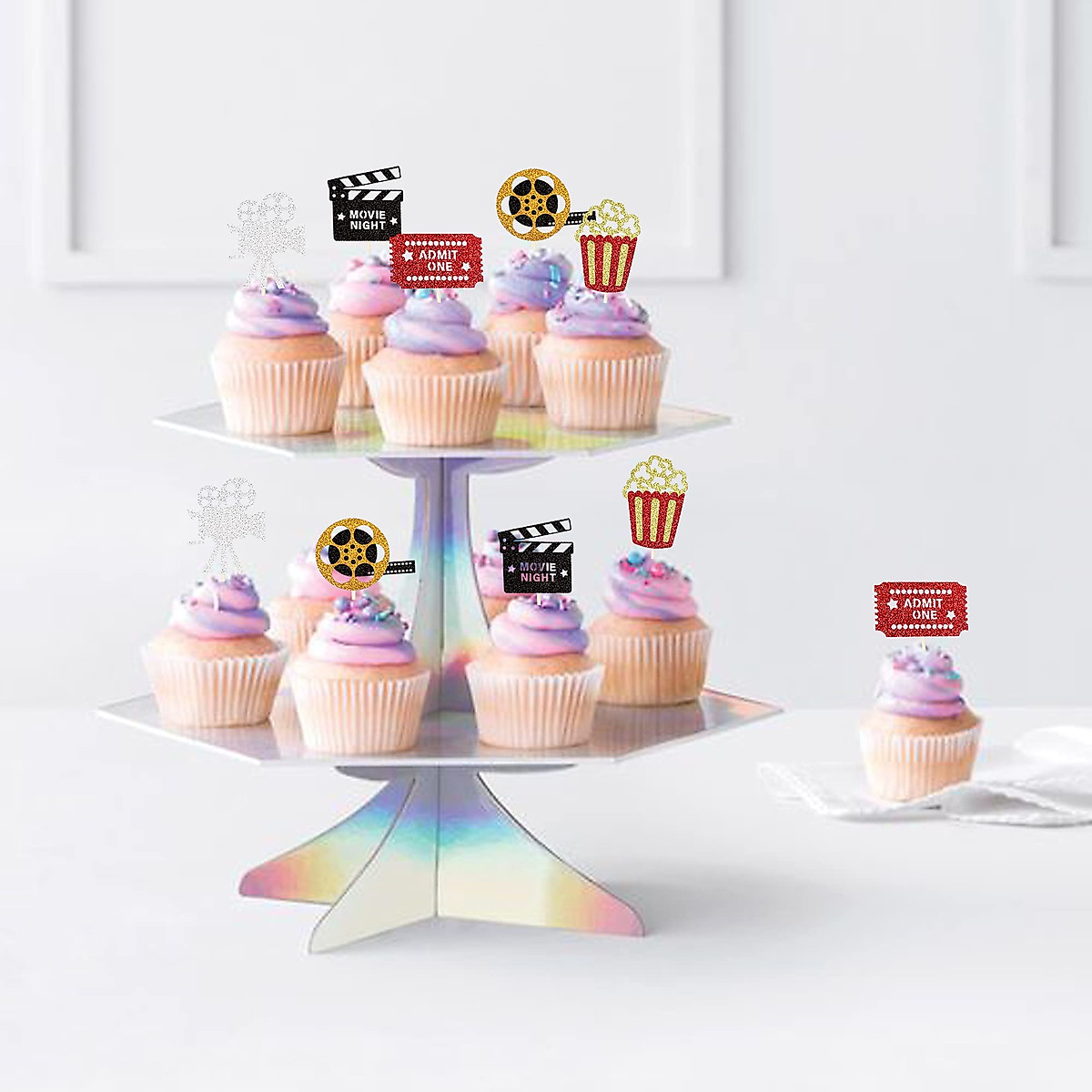 30 PCS Movie Cupcake Toppers Glitter Movie Night Roll Camera Popcorn Cupcake Picks for Hollywood Theme Baby Shower Kids Birthday Party Cake Decorations Supplies